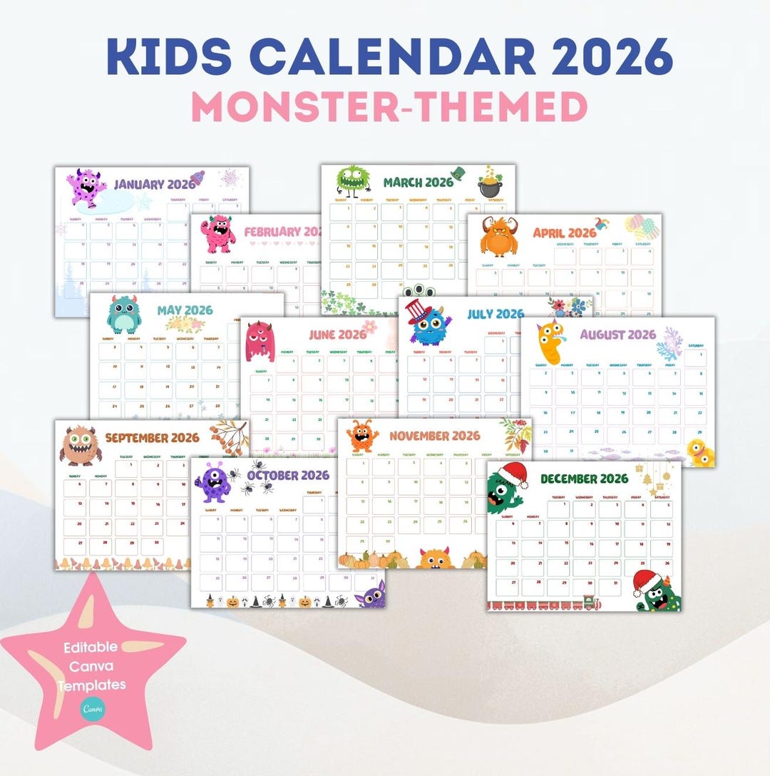 2026 Kids Calendar Printable - Moster Themed 12 Month Calendar ...