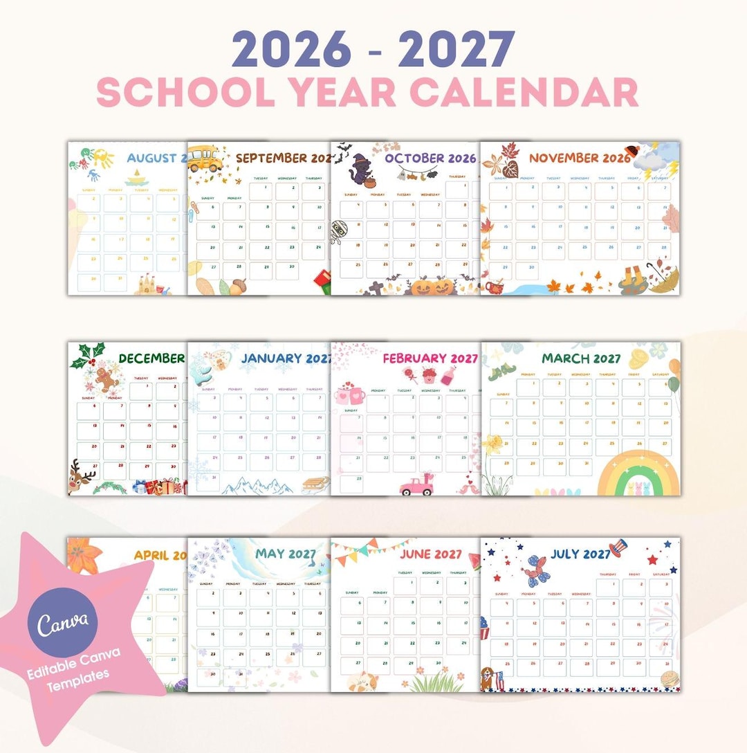 2026-2027 Kids School Calendar Printable | Editable Canva Calendar ...