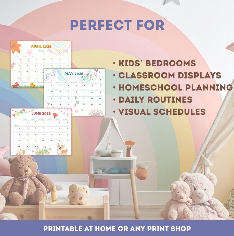 2026 Calendar Printable,cute Kids Calendar 2026,wall Calendar Pdf ...