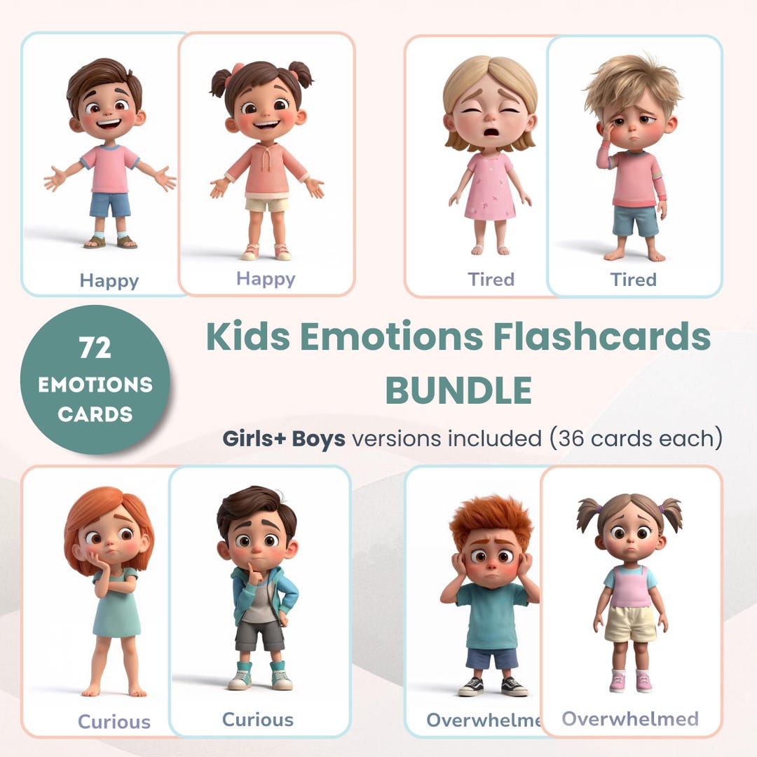 72 Emotions Flashcards for Boys & Girls | Printable Emotions Cards for ...