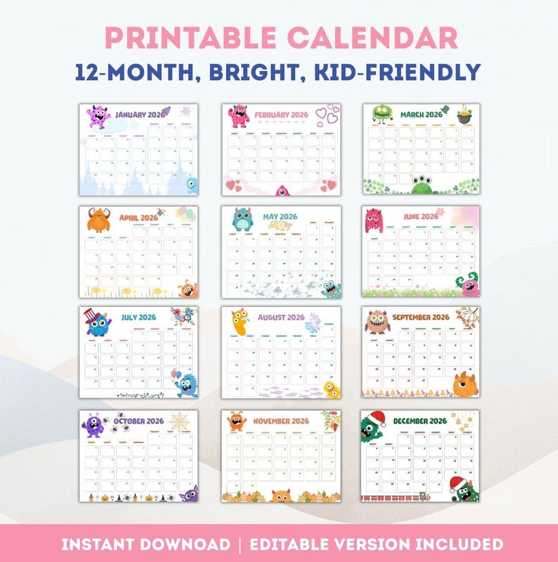 2026 Kids Calendar Printable - Moster Themed 12 Month Calendar ...