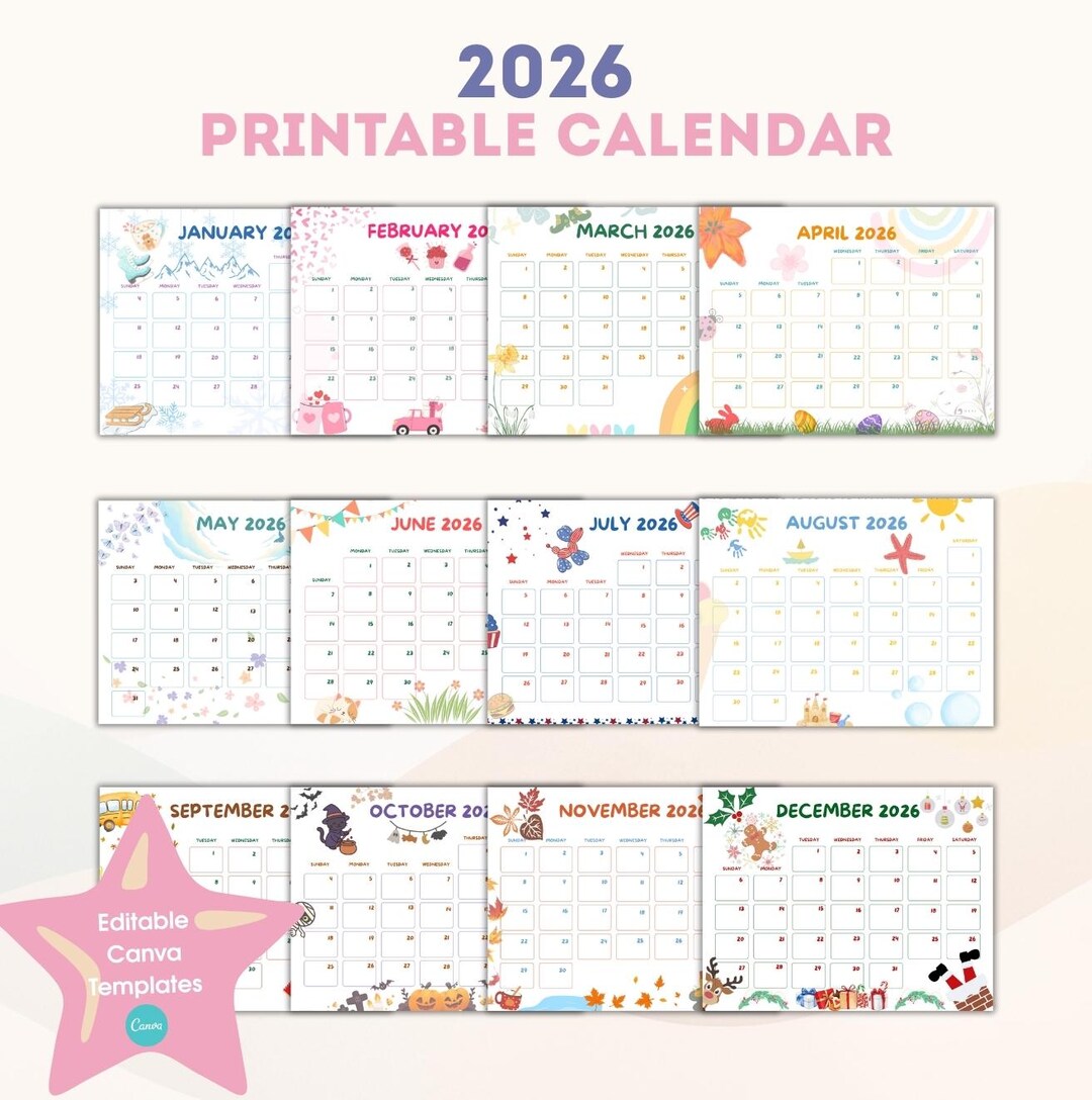 2026 Calendar Printable,cute Kids Calendar 2026,wall Calendar Pdf ...