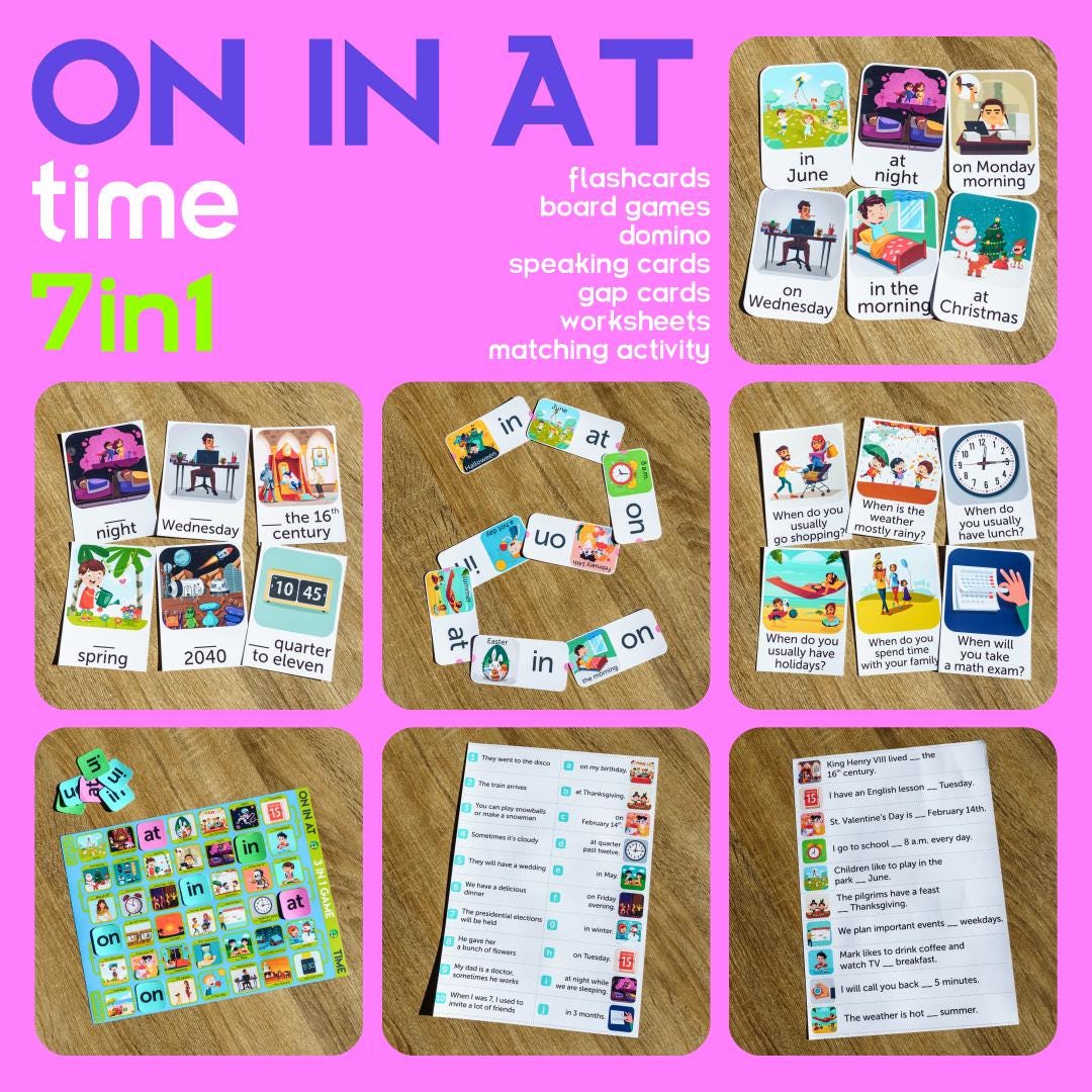 Prepositions of Time Bundle 7-in-1 (on in At). Printable PDF. - Etsy