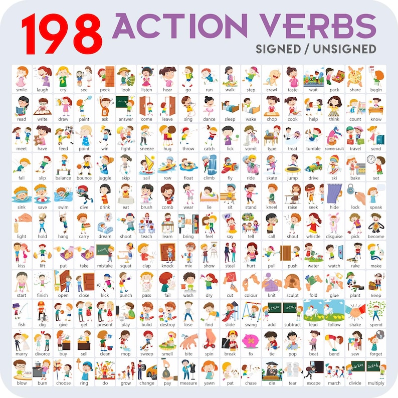 198 Action Verb Vocabulary Flashcards. Printable PDF. Signed and ...