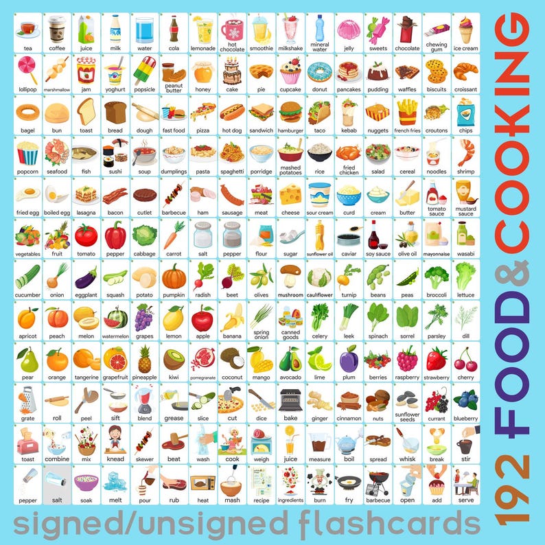 192 Food & Cooking Vocabulary Flashcards. Printable PDF. - Etsy