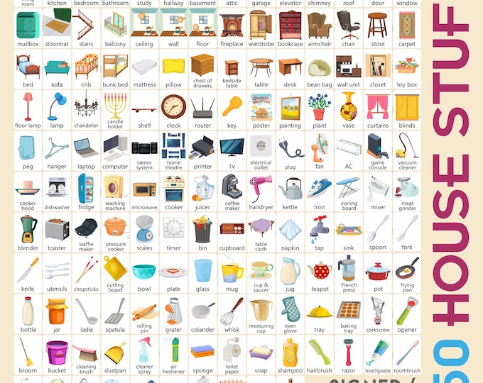 150 House Stuff Vocabulary Flashcards (signed and Unsigned). Printable ...