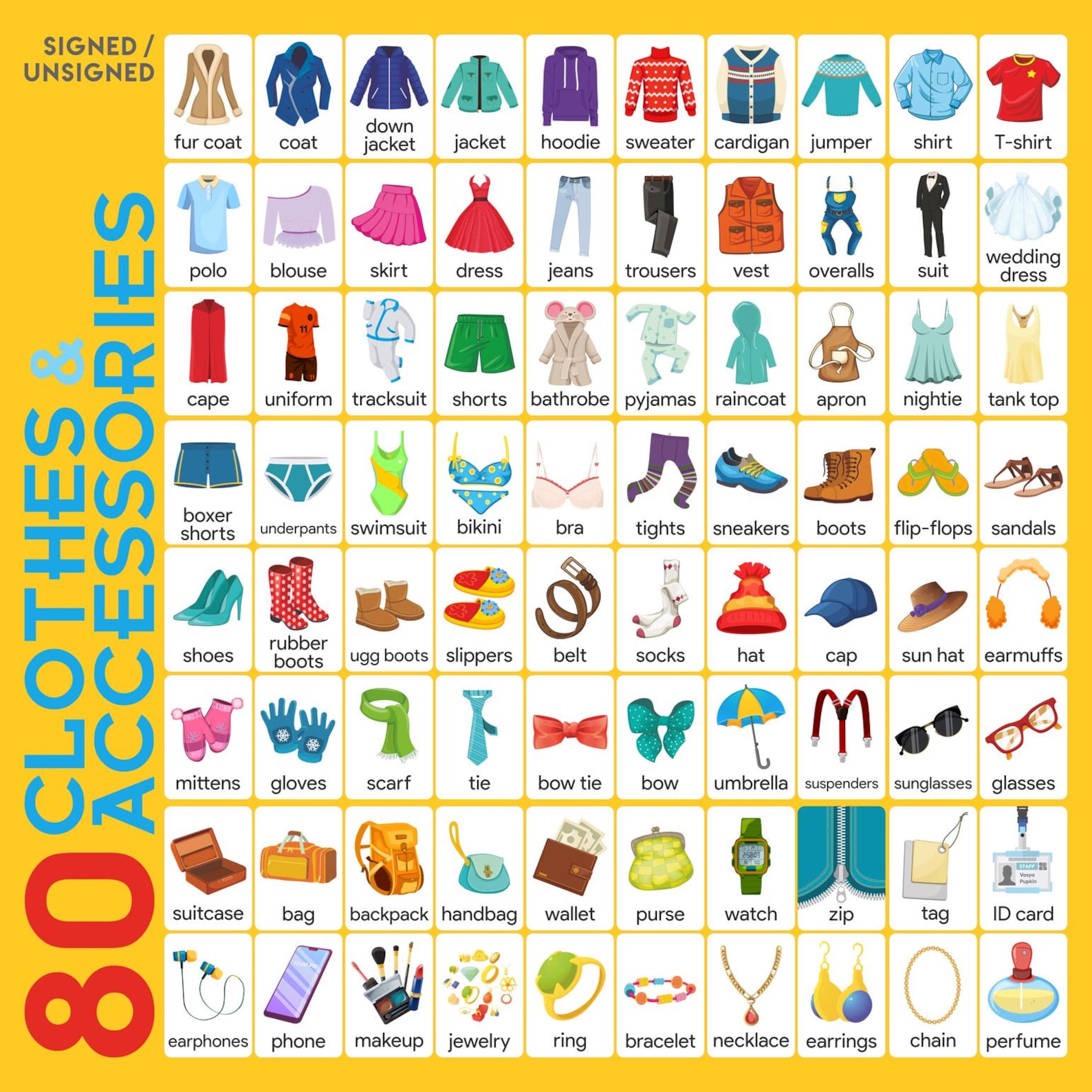 80 Clothes & Accessories Vocabulary Flashcards (signed and Unsigned ...