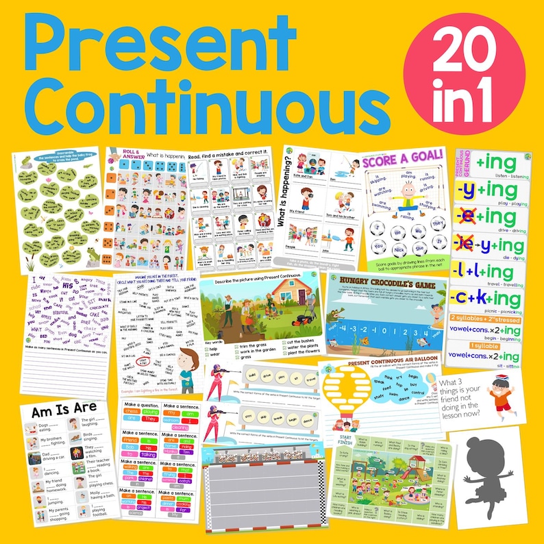 Present Continuous Pack 20-in-1 (worksheets, Games, Poster, Bookmark ...