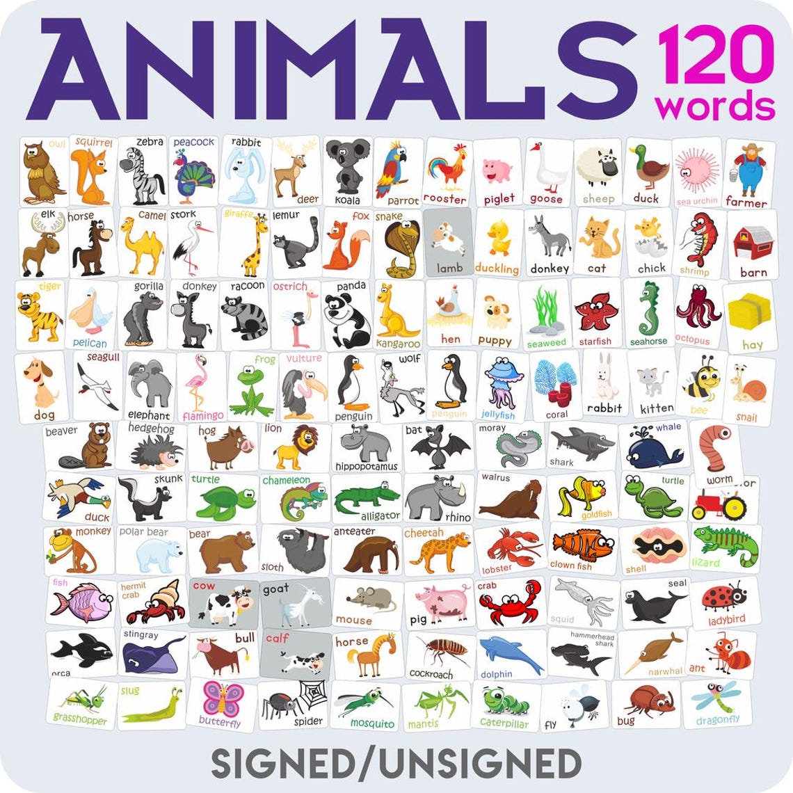 120 Animal Vocabulary Flashcards (signed and Unsigned). Printable PDF ...