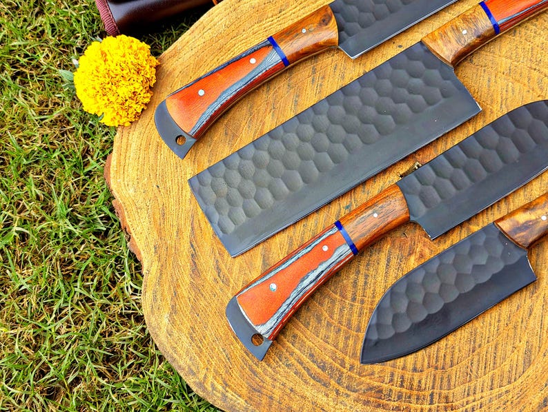 Damascus Steel Chef Knife Set: 4-piece Japanese Knives With Wood Handle ...