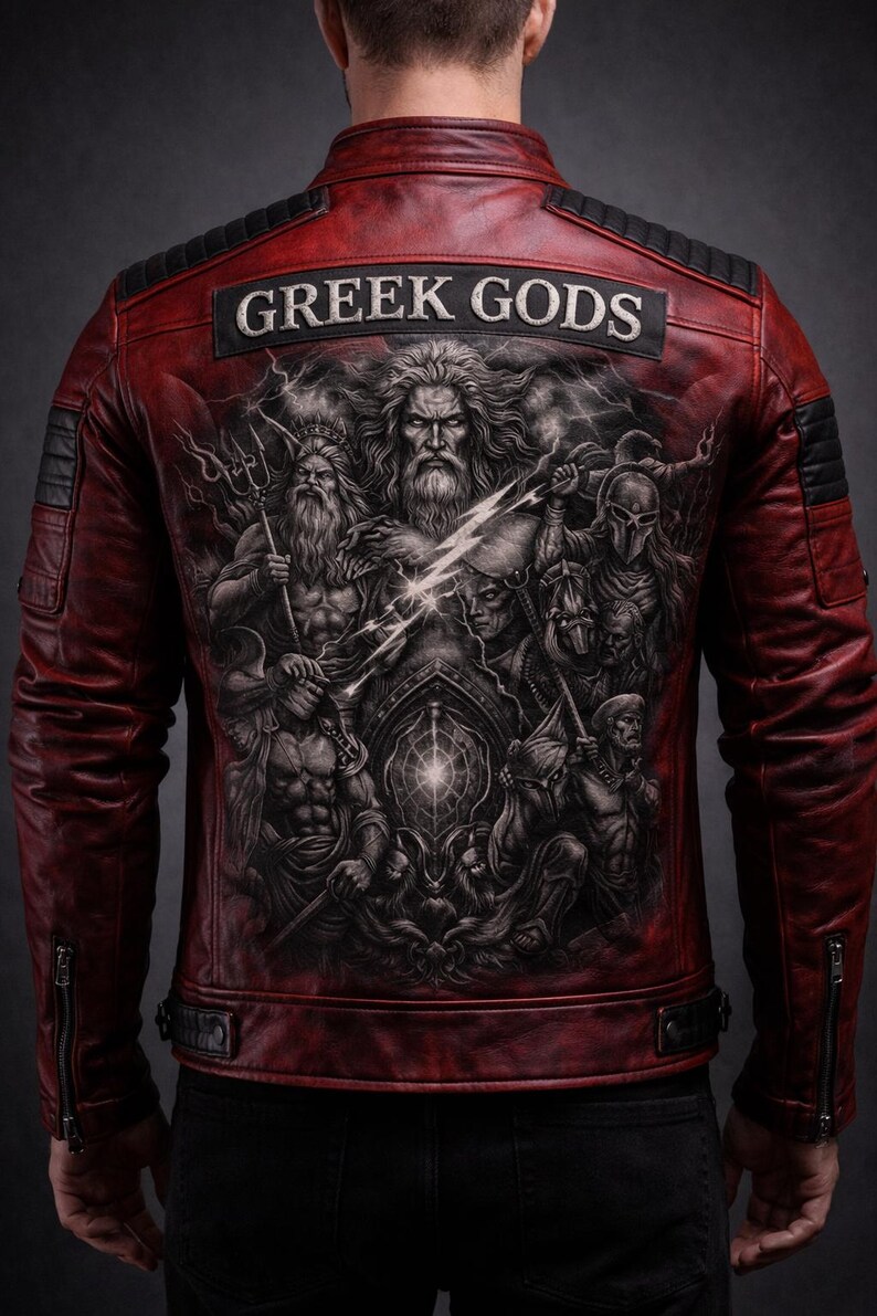Greek Gods Leather Jacket Blood Red | Mythology Biker Jacket | Zeus ...