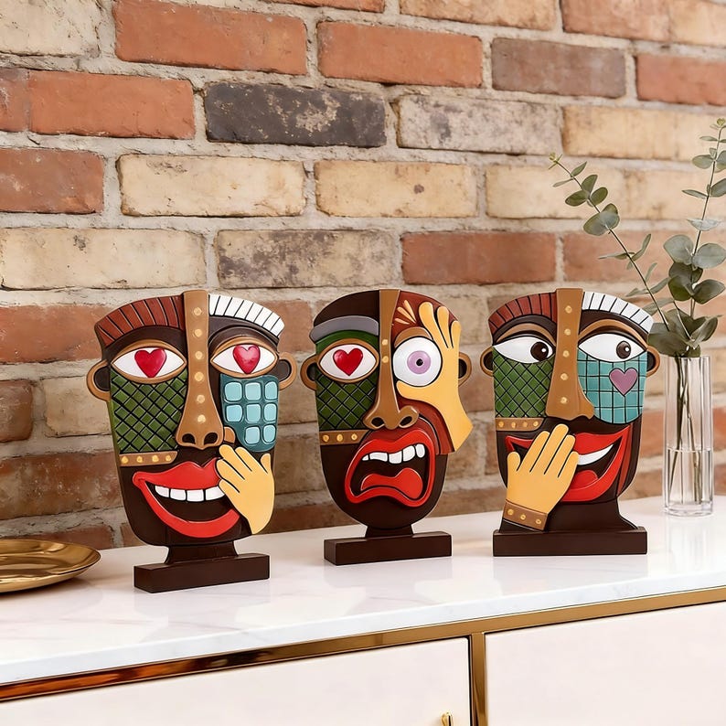 Cubist Face Sculptures - Set of 3 Art Deco Resin Statues - Etsy