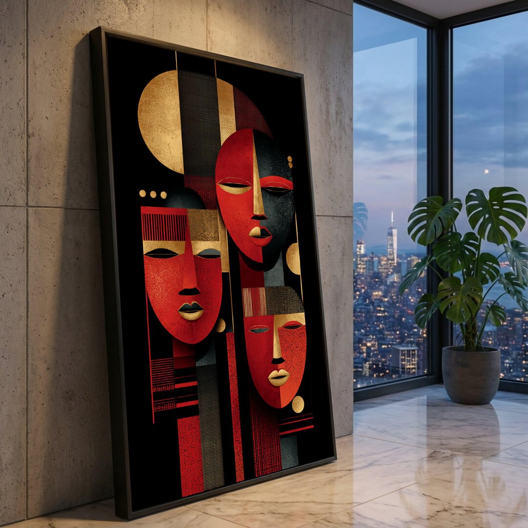 Abstract African Masks Canvas, Red Gold Geometric Tribal Art - Etsy