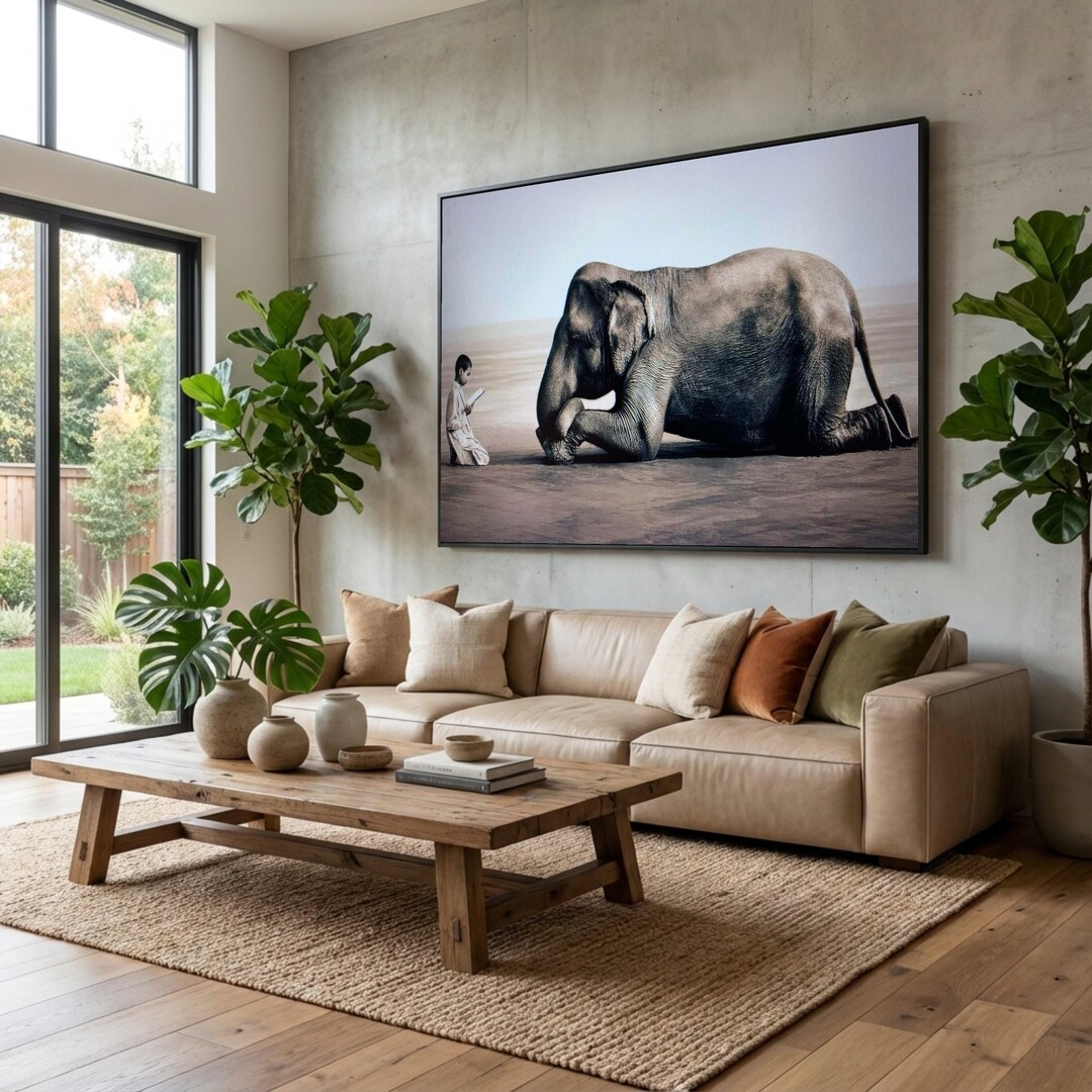 Elephant and Child Reading Canvas, Serene Friendship, Modern Home Art ...