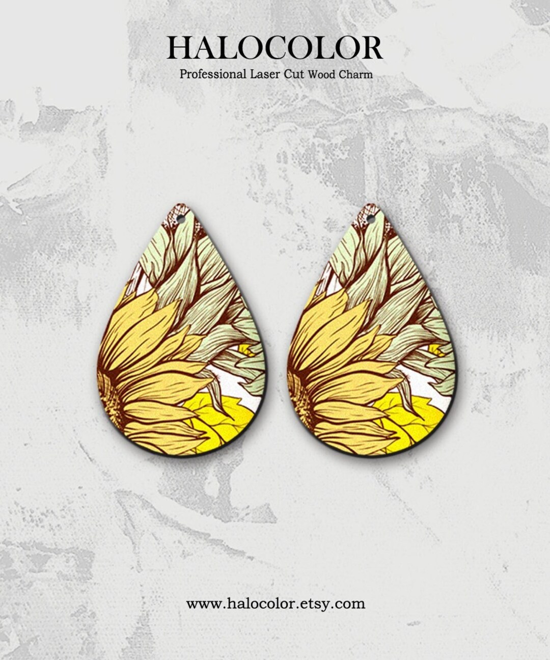 Print Series - 2 Pcs Filigree Sunflower Pattern Teardrop Wood Charm ...
