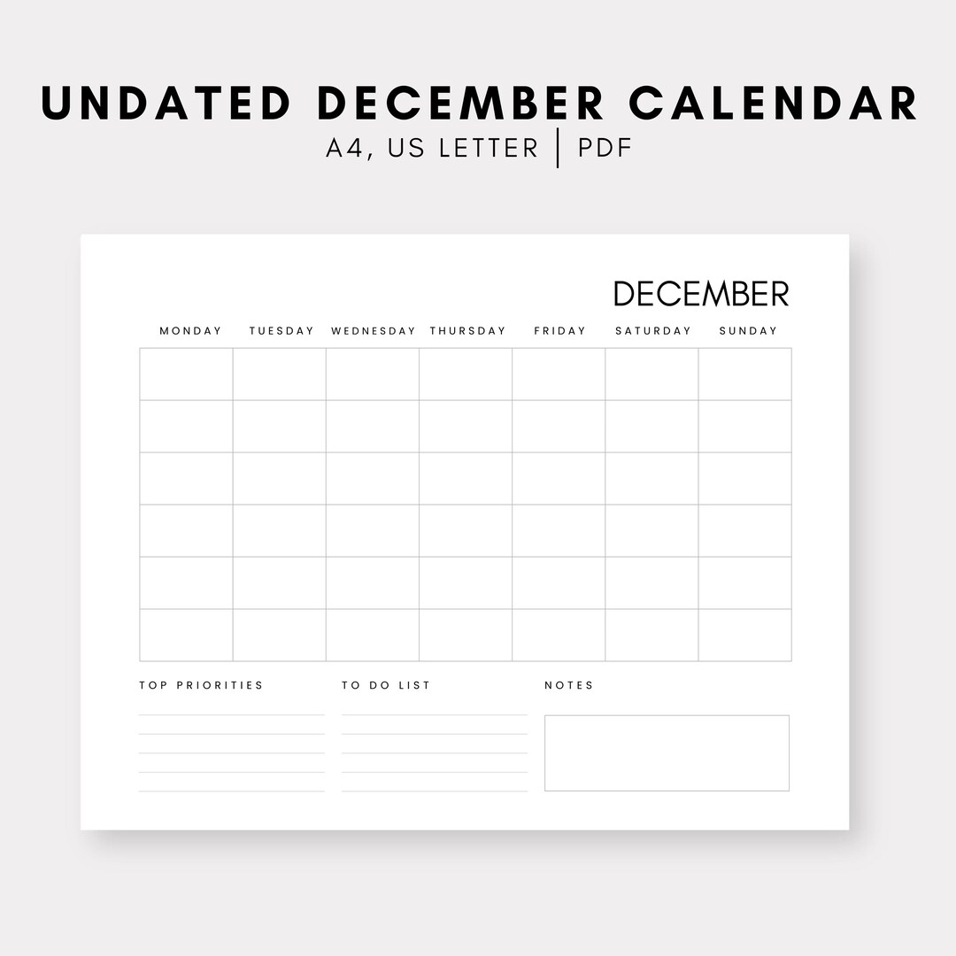 December Calendar Printable Undated Monthly Calendar Monday Start for ...