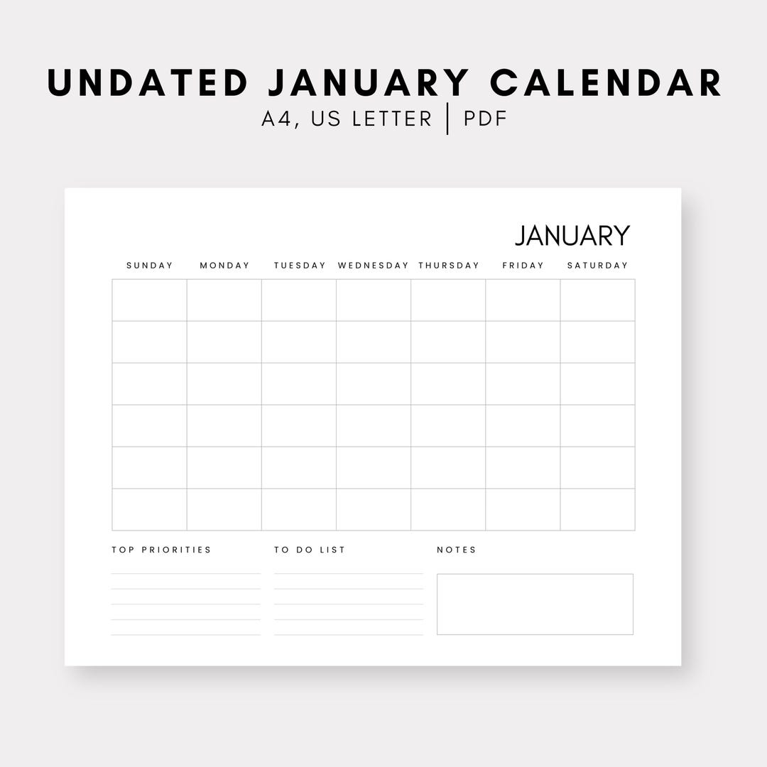 January Calendar Printable Undated for Students, Teachers, Office ...
