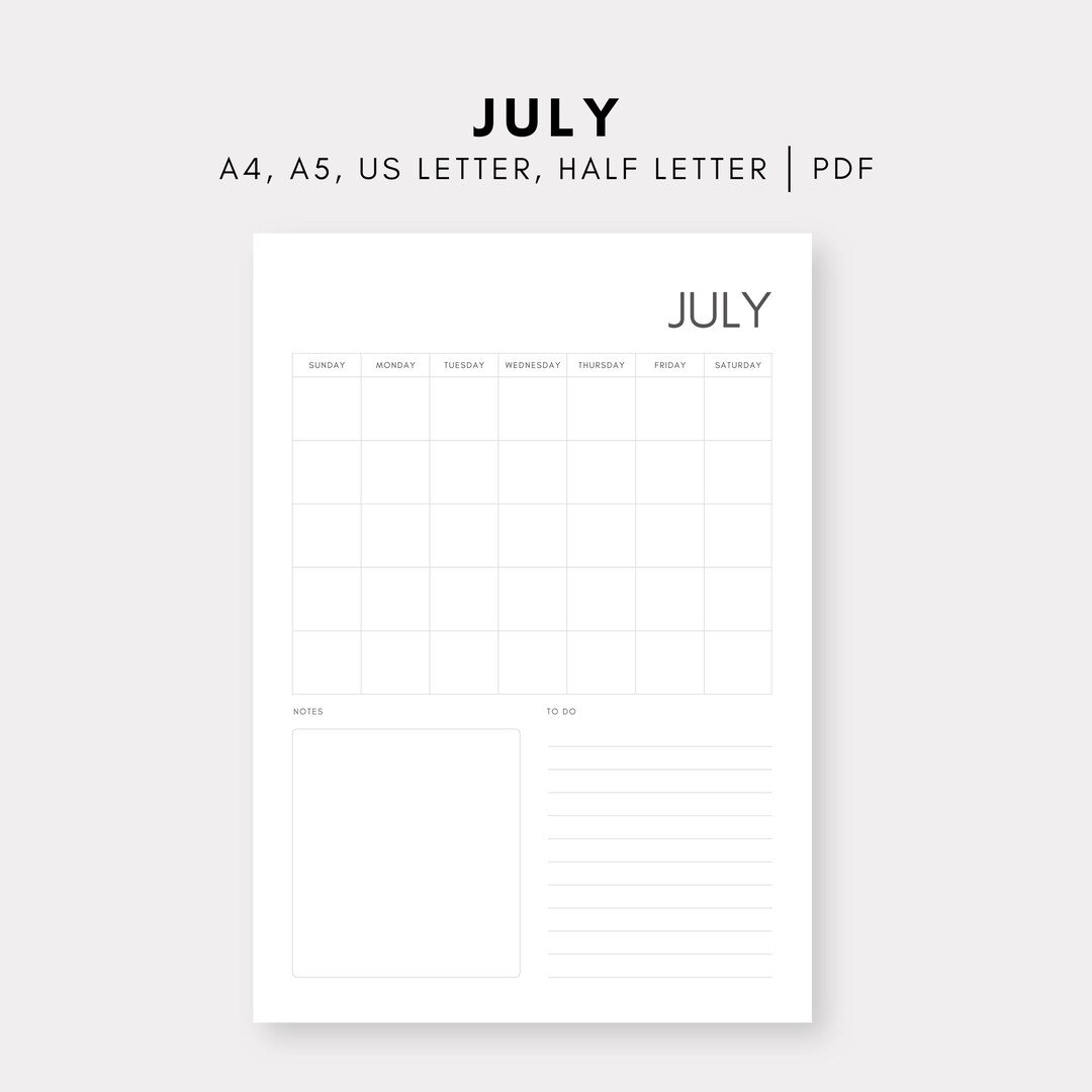 July Blank Month Calendar Portrait for Students, Teachers, Office ...
