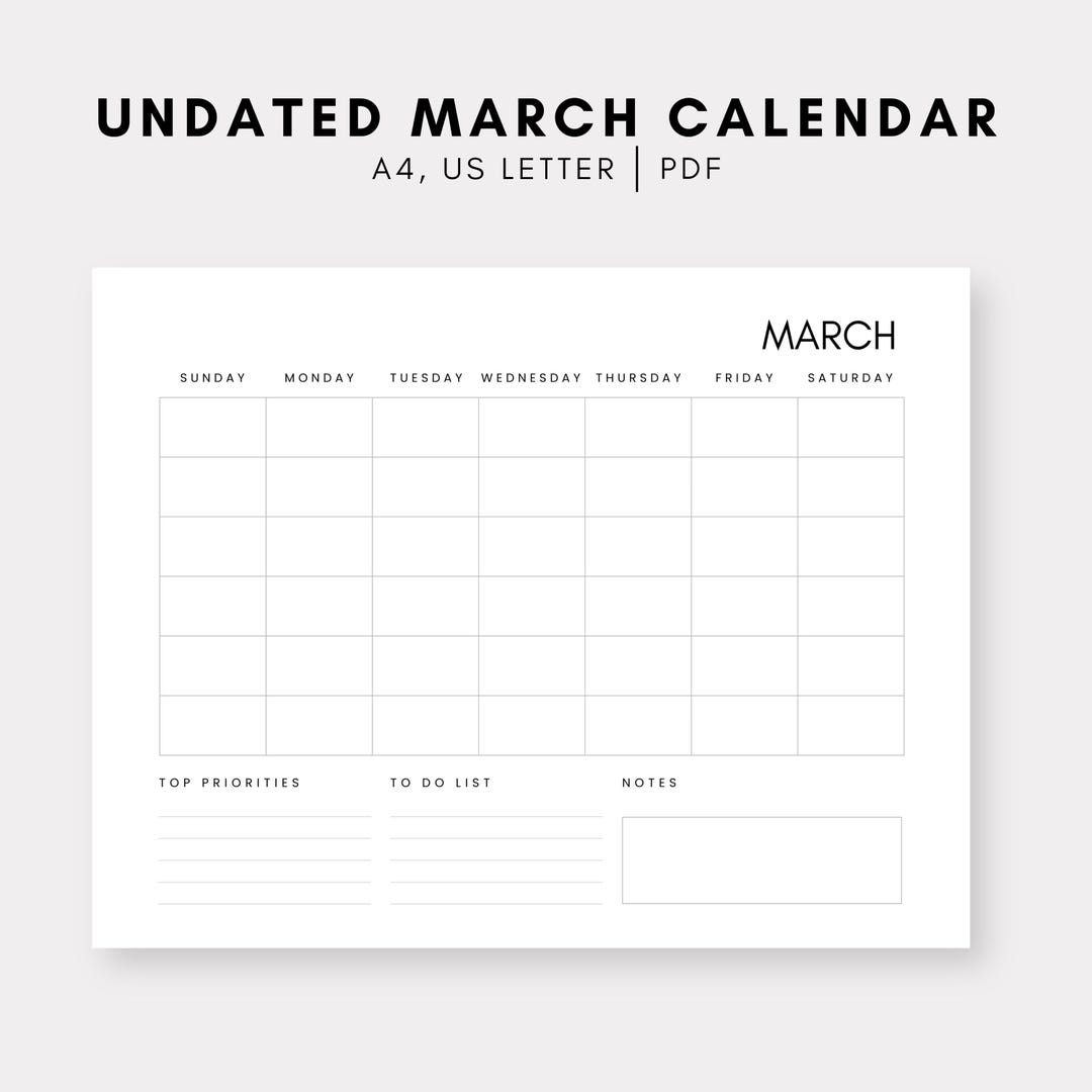 March Calendar Printable Undated for Students, Teachers, Office ...
