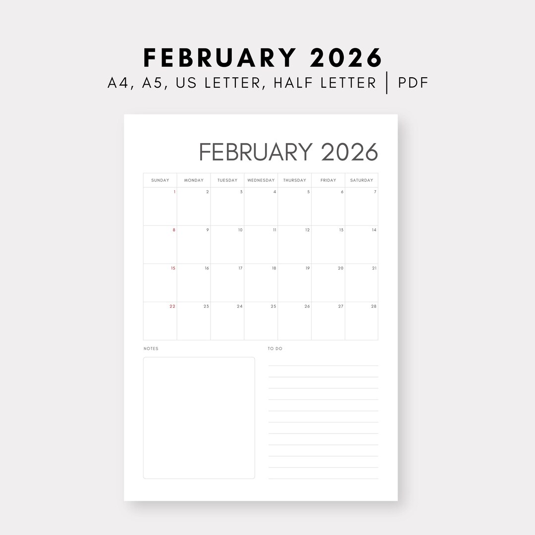 February 2026 Calendar Portrait for Students, Teachers, Office ...