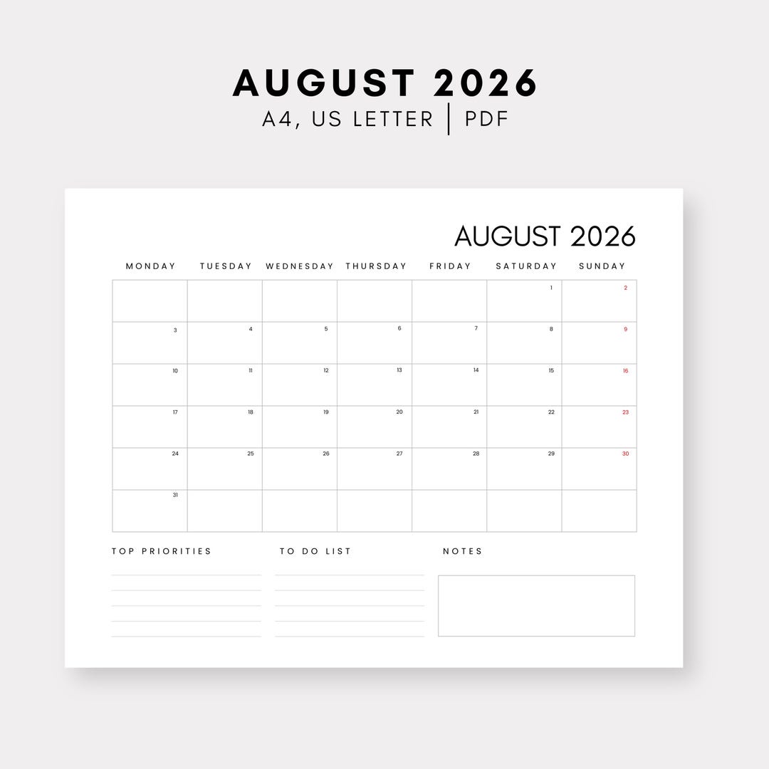 2026 August Monthly Calendar Monday Start for Students, Teachers ...