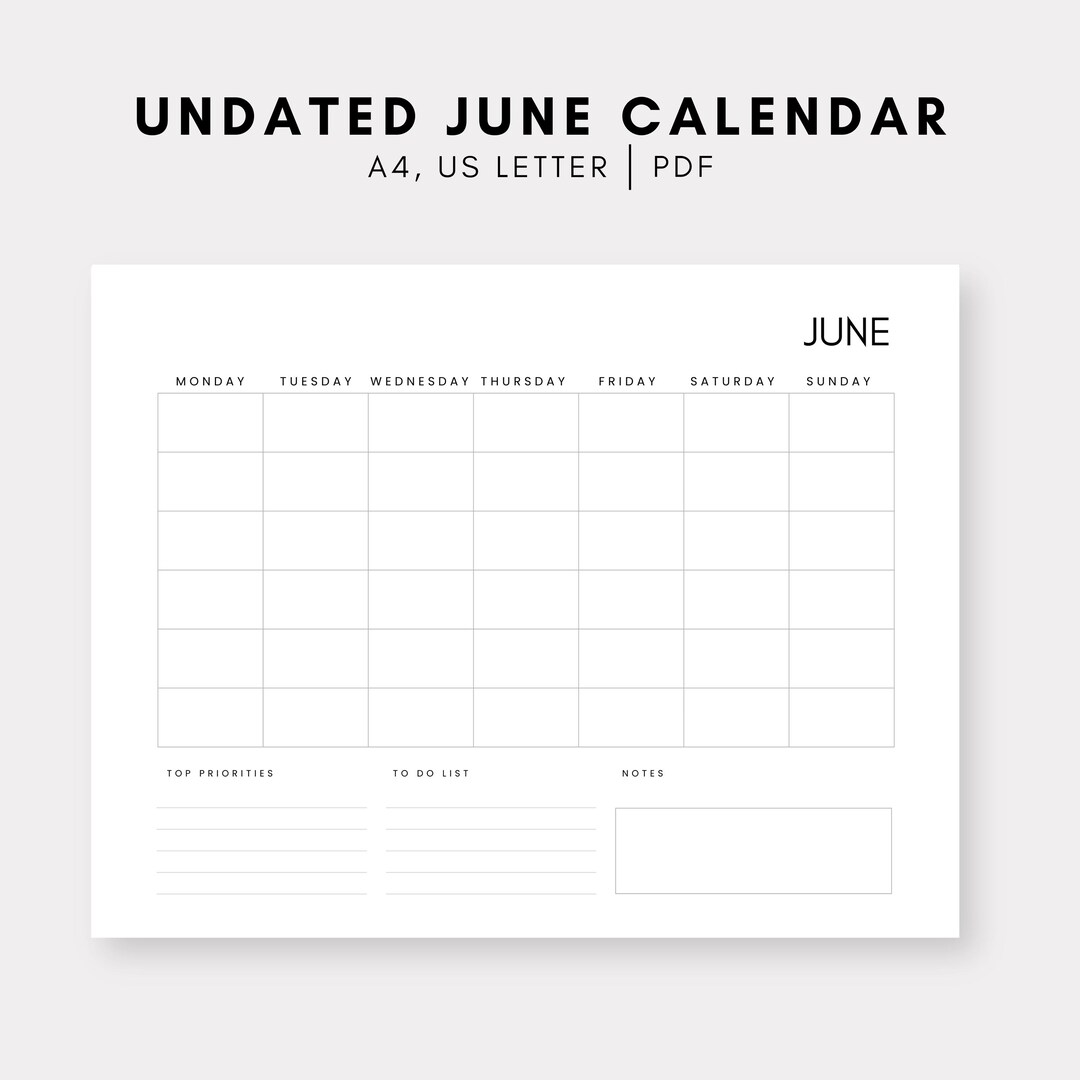 June Calendar Printable Undated Monthly Calendar Monday Start for ...