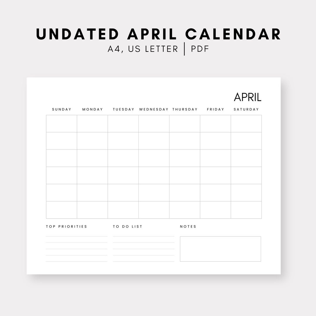 April Calendar Printable Undated for Students, Teachers, Office ...