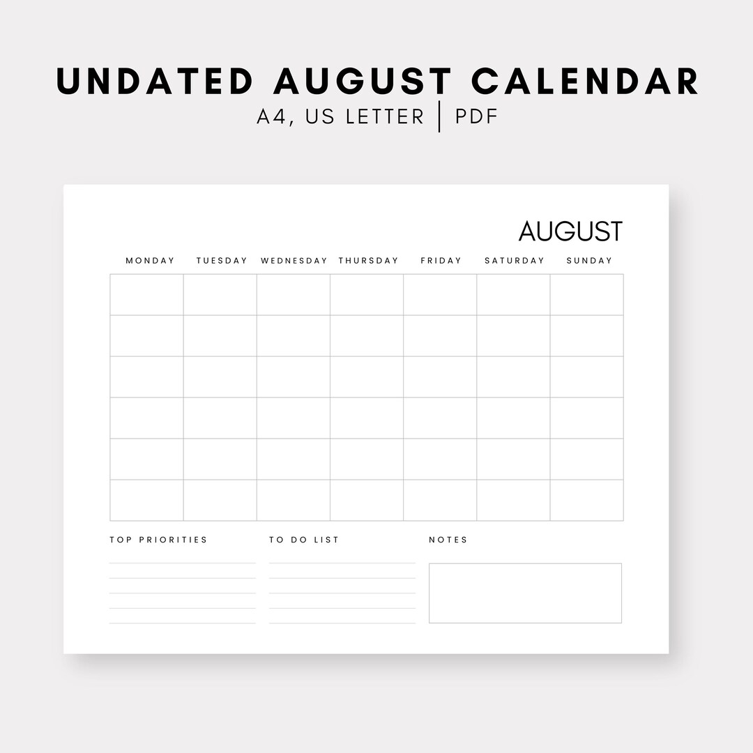 August Calendar Printable Undated Monthly Calendar Monday Start for ...