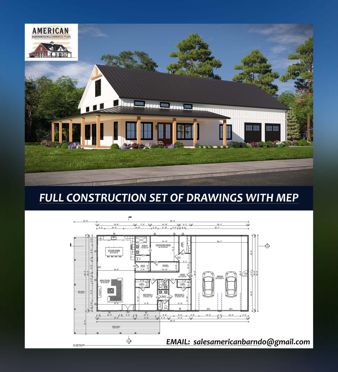40x80 Barndominium 3 Bedroom Floor Plan With MEP Permit Plans, 2 Car ...