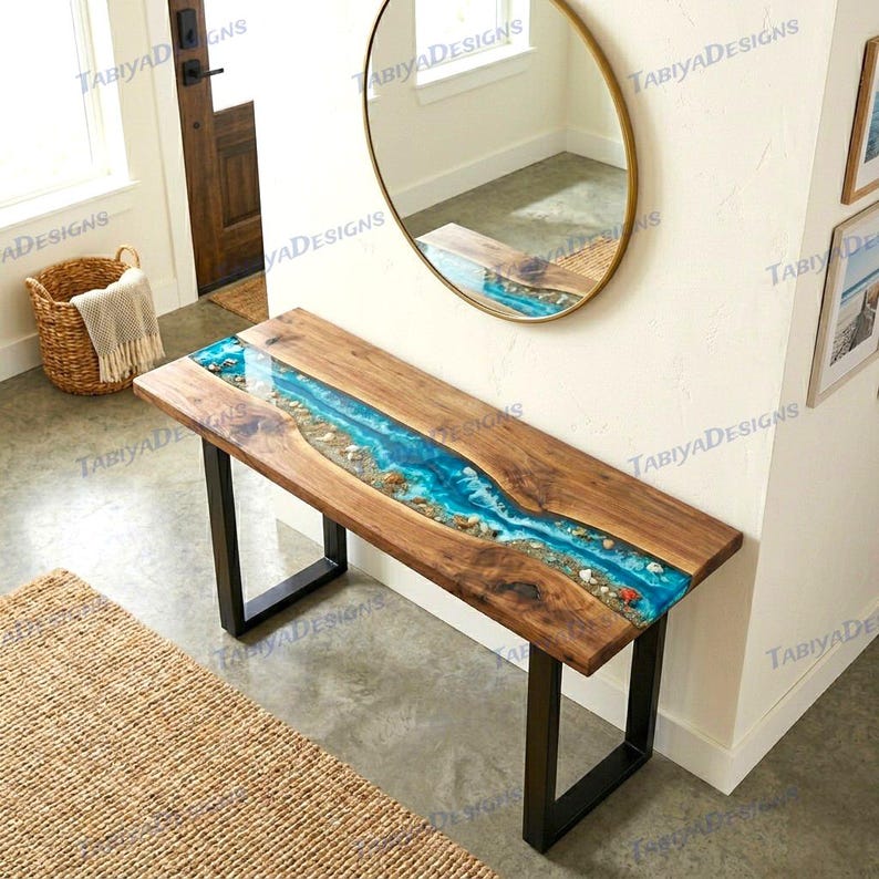 Blue Coastal Epoxy Resin Wood Console Table Ocean Wave Entryway Table ...