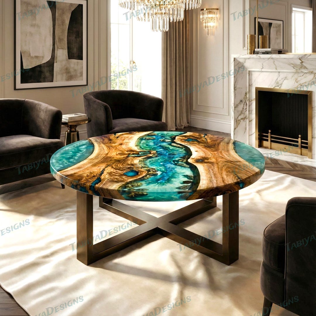 Metallic Teal Epoxy Resin & River Rocks Round Coffee Table | Handmade ...