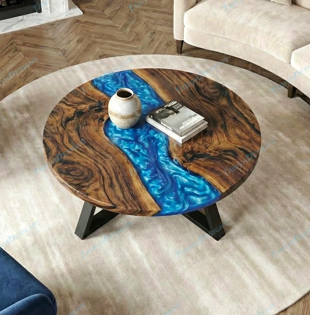 Metallic Blue Epoxy Resin & Solid Wood Round Coffee Table | Handmade ...