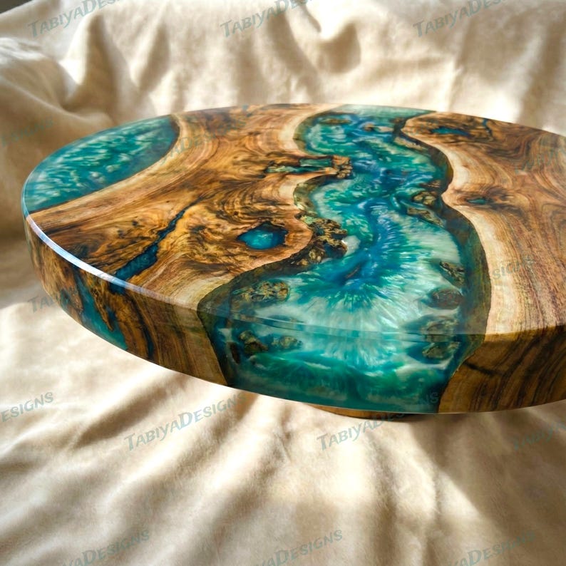 Metallic Teal Epoxy Resin & River Rocks Round Coffee Table | Handmade ...