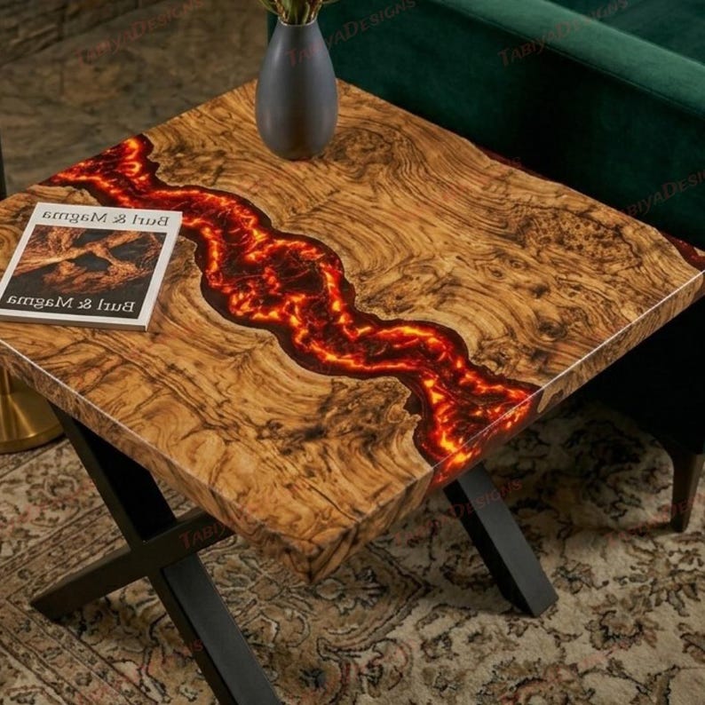 Luxury Lava Epoxy Resin End Table, Handmade Live Edge Wood Side Table ...
