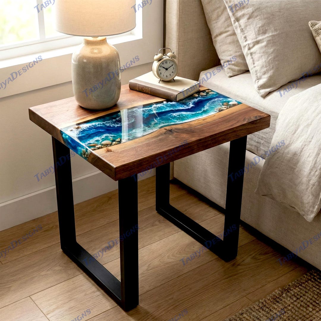 Handcrafted Ocean Blue Wave Epoxy Resin Wood Bedside Table | Stylish ...