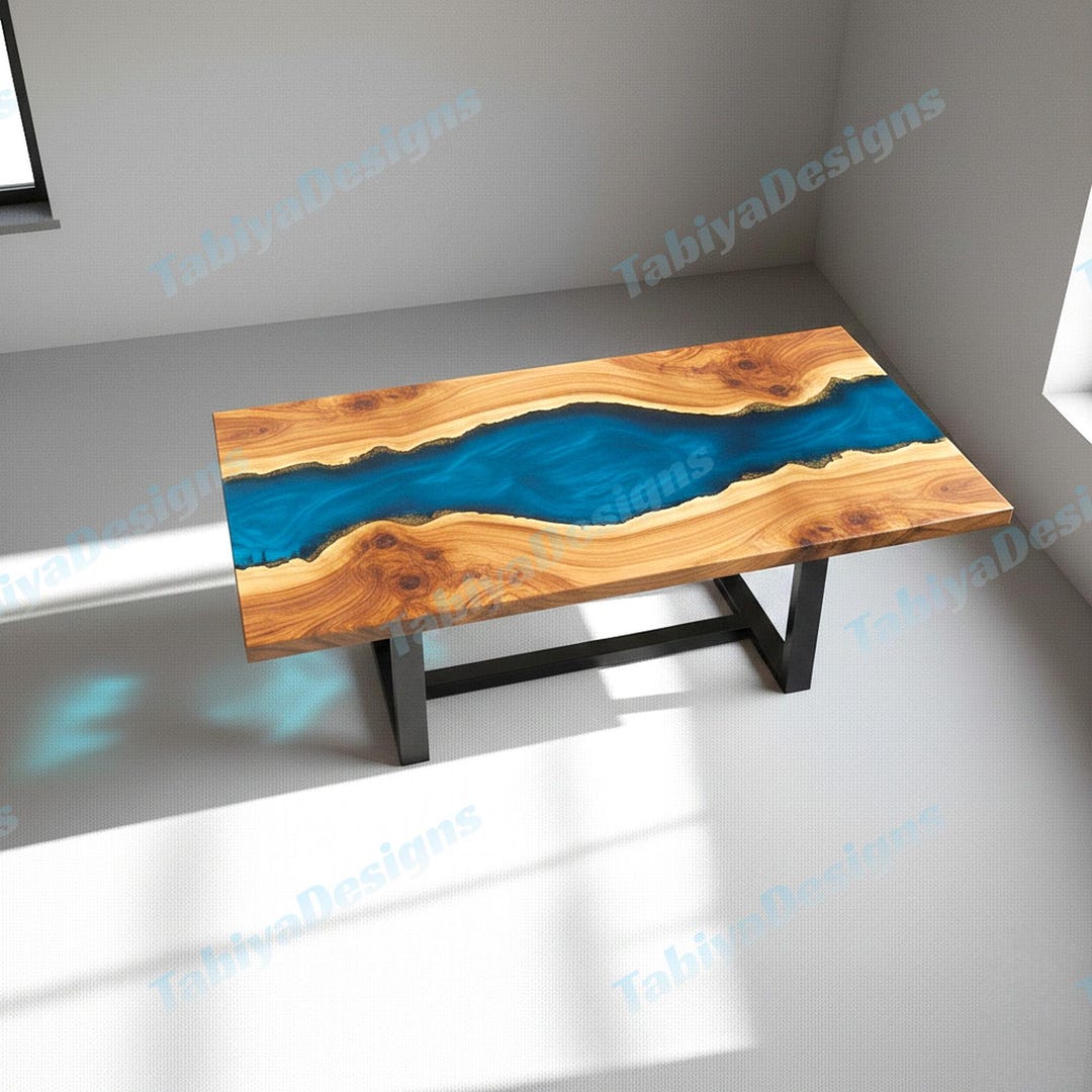 Handcrafted Metallic Blue Epoxy Resin Coffee Table | Custom Wood Dining ...