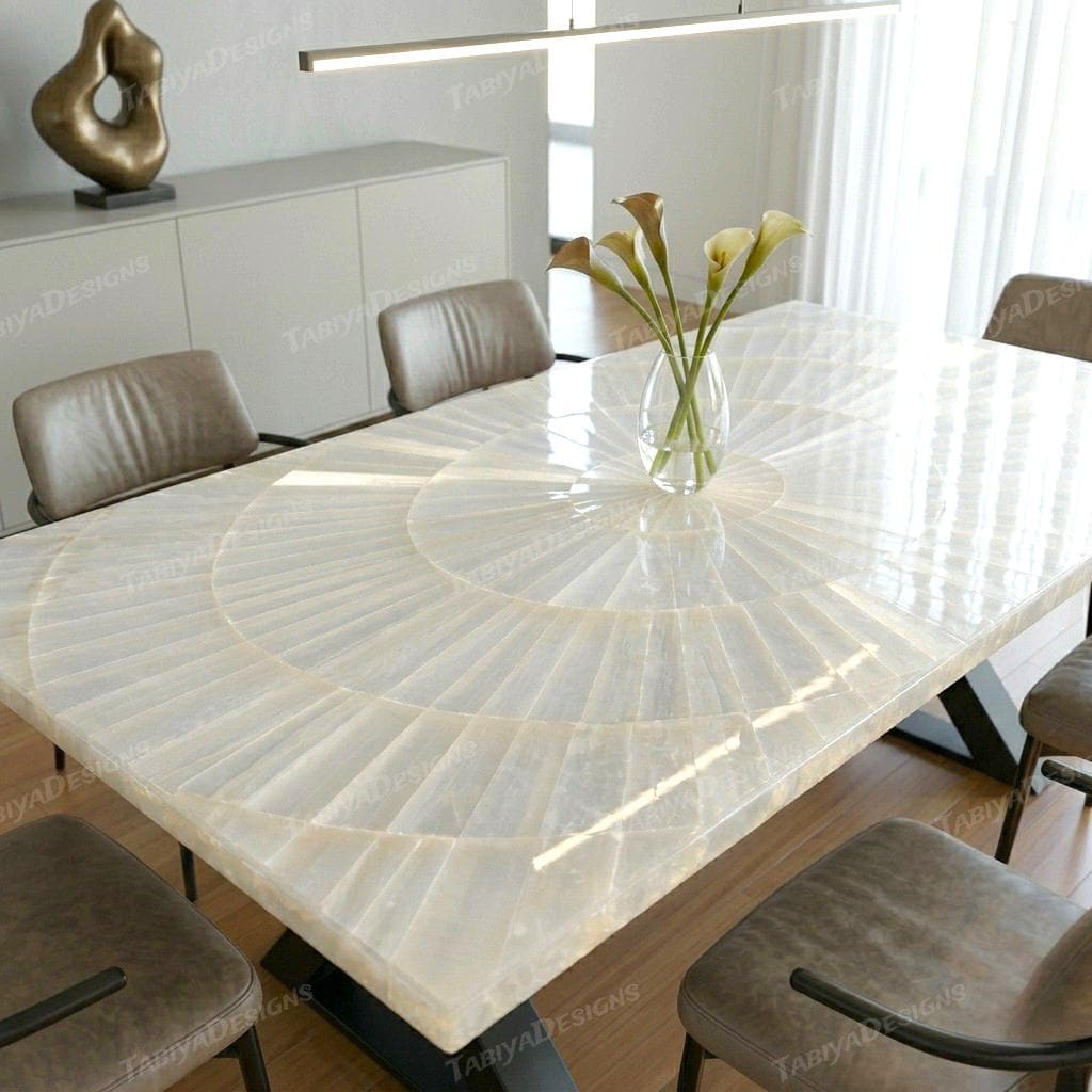 Handmade Selenite Dining Table, White Crystal Geometric Inlay ...