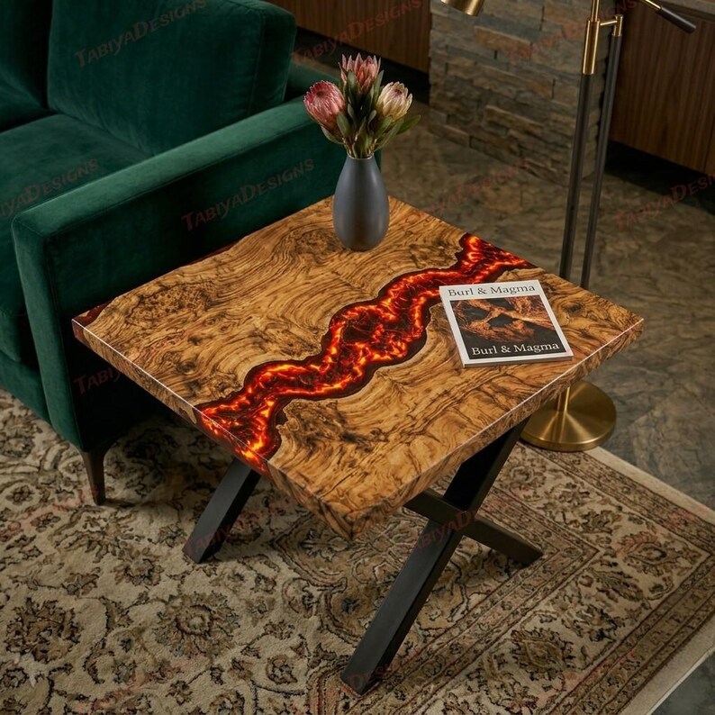 Luxury Lava Epoxy Resin End Table, Handmade Live Edge Wood Side Table ...