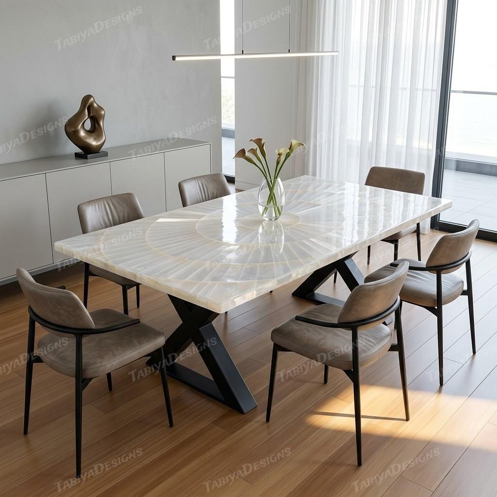 Handmade Selenite Dining Table, White Crystal Geometric Inlay ...