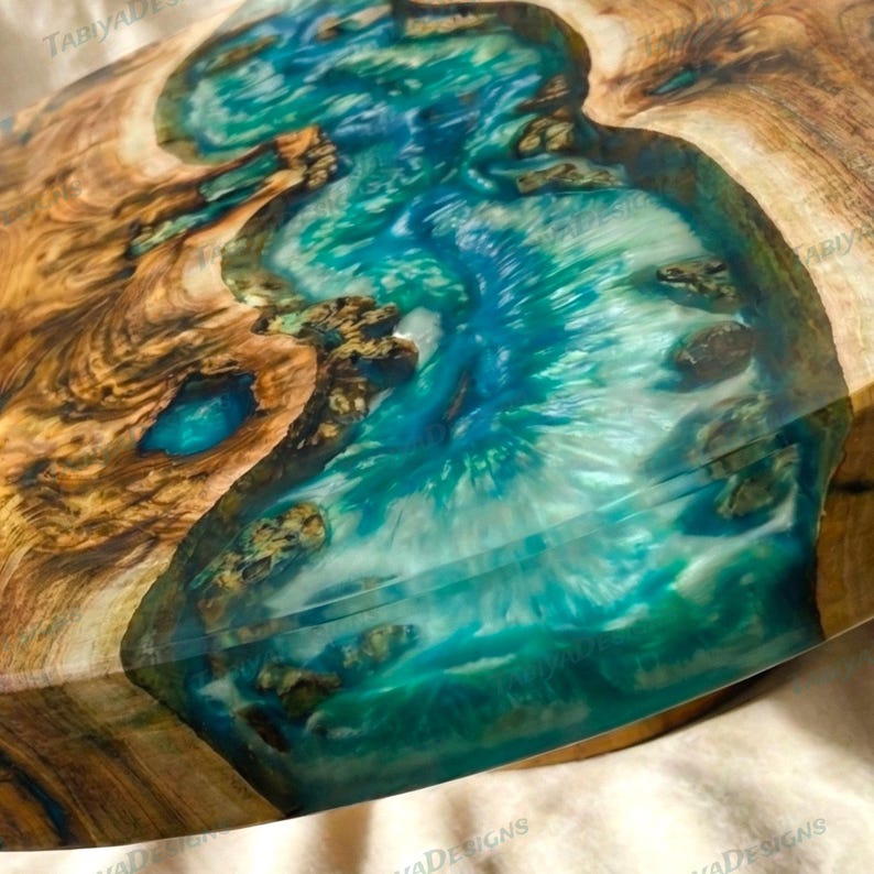 Metallic Teal Epoxy Resin & River Rocks Round Coffee Table | Handmade ...