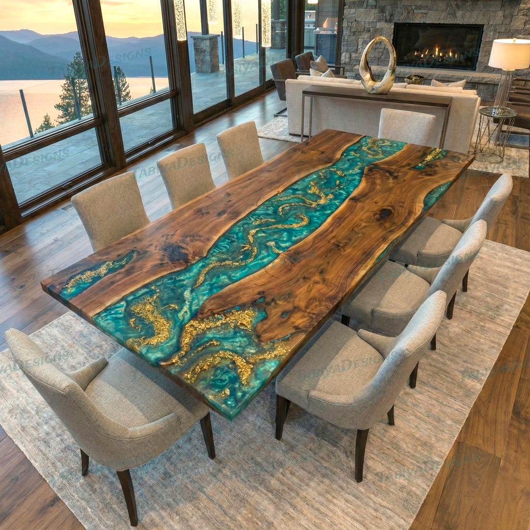 Teal Metallic Epoxy Resin & Solid Wood River Stone Center Table ...