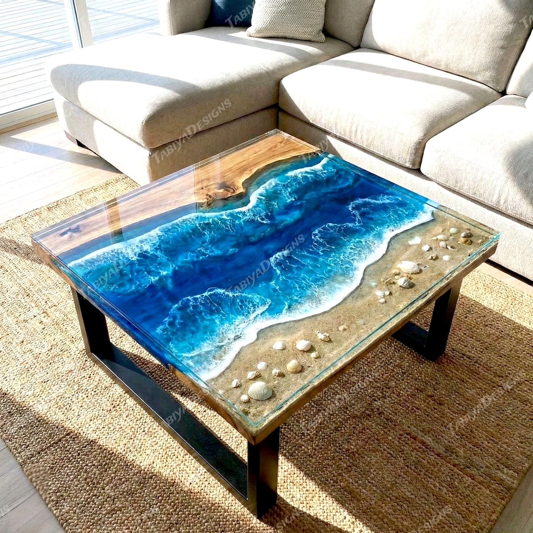 Handmade Square Blue Ocean Epoxy Resin Coffee Table | Wood Center Table ...