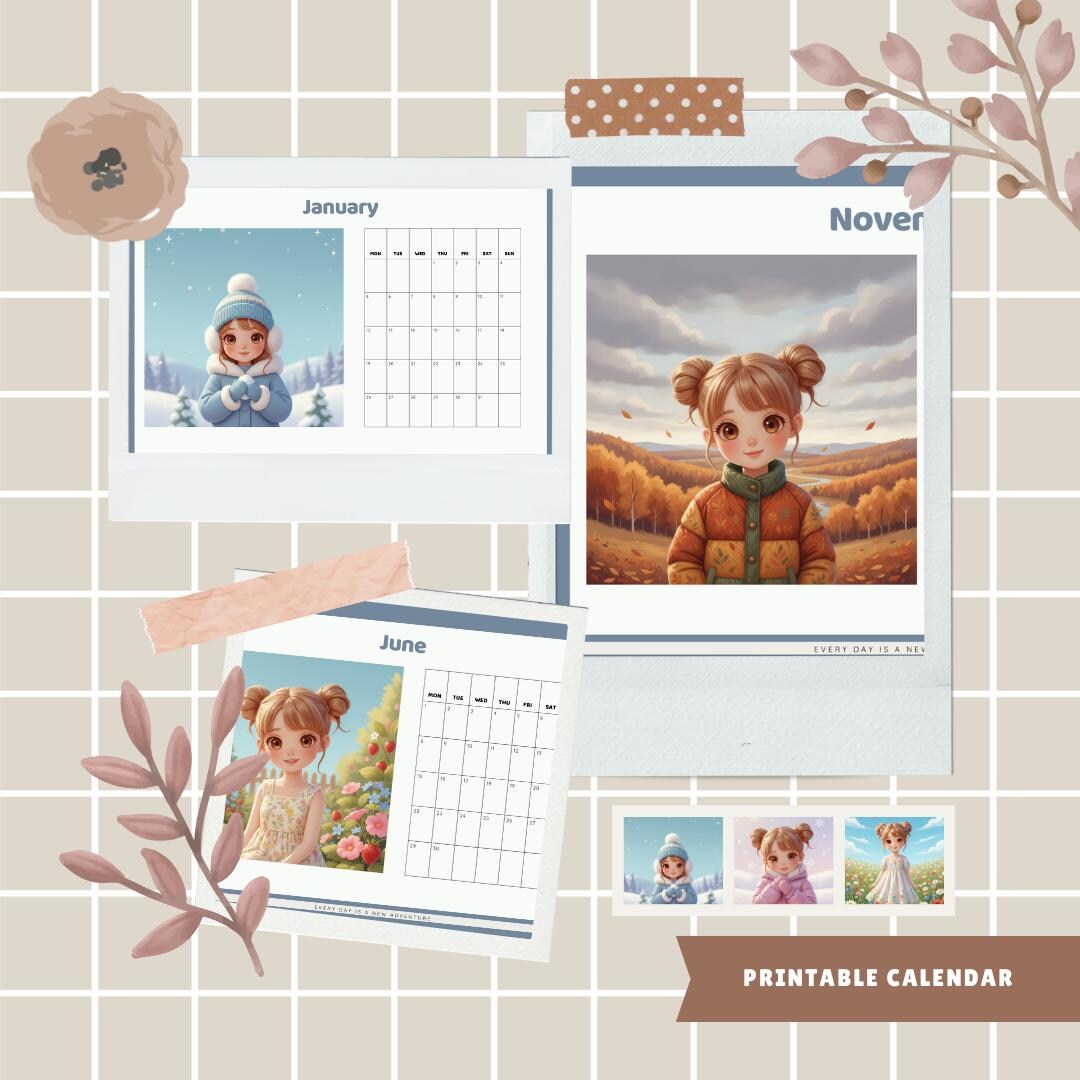Kawaii Girl Calendar Printable | Kids Wall Calendar Landscape | Digital ...
