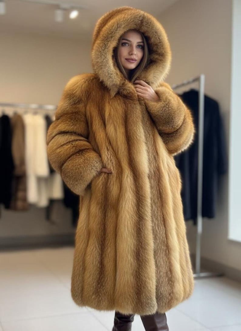 Luxury Red Fox Fur Coat | Oversized Hooded Winter Jacket for Women ...