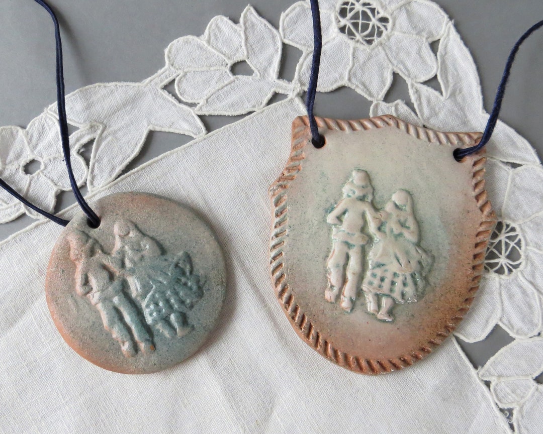Vintage Ceramic Pendant Necklace Set of 2 Folk Dancers Clay Necklace ...