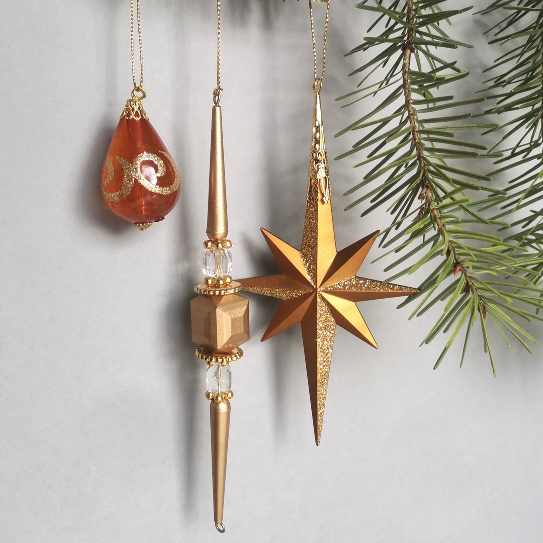 Vintage Christmas Ornament Gold Star Icicle Drop Christmas Tree Decor ...