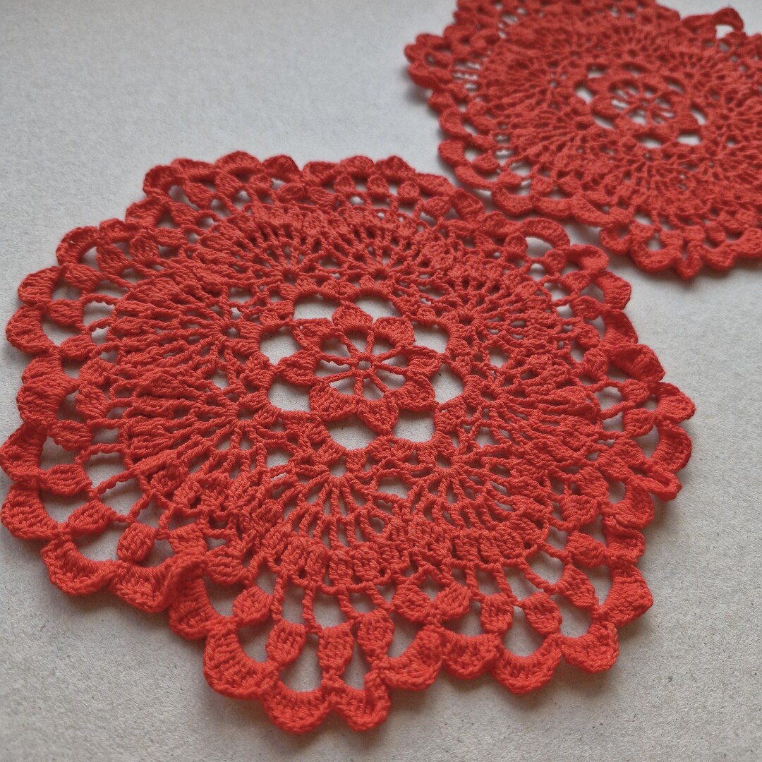 Red Vintage Crochet Doily Set of 2 Snowflake Doilies Hand Crocheted ...