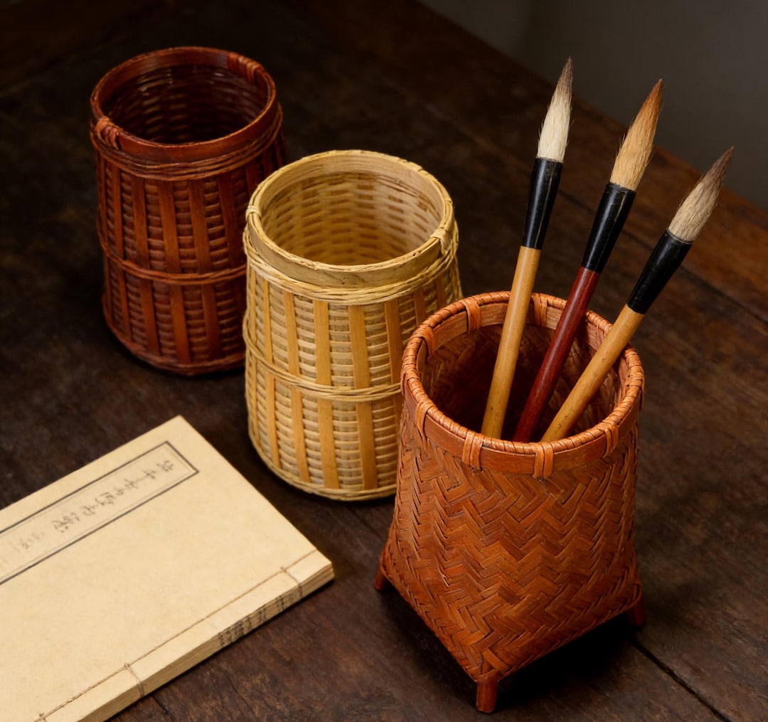 Bamboo Pen Holder, Rustic Woven Pencil Cup, Wabi Sabi Desk Organizer ...