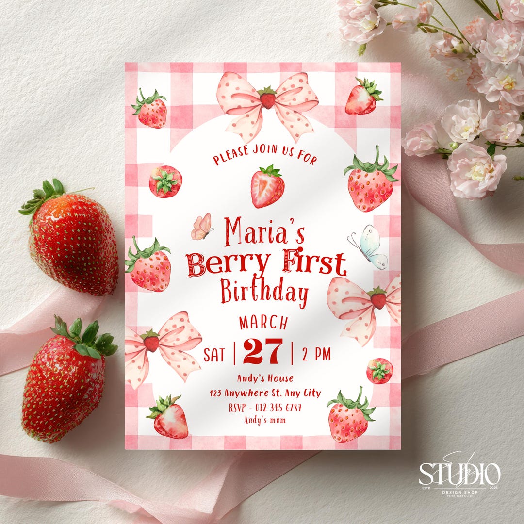 Berry First Birthday Invitation Digital Printable Coquete Baby Girl ...