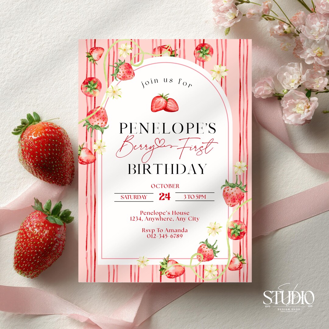 Berry First Birthday Invitation Digital Printable Coquete Baby Girl ...